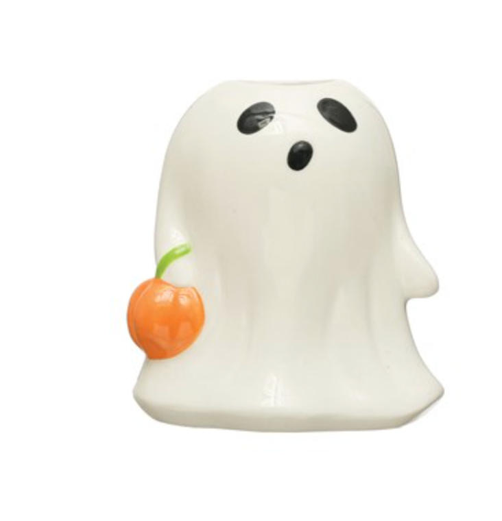 3" Round x 3-1/2"H Stoneware Ghost Vase w/ Jack-O-Lantern, White, Blac ...