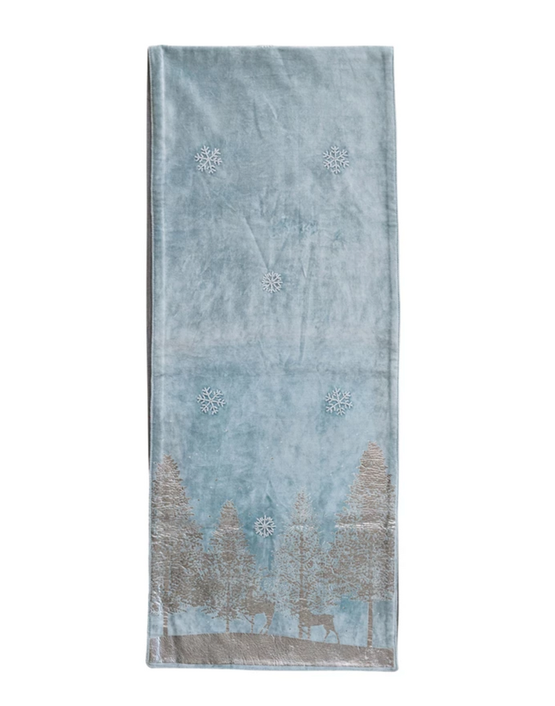 Velvet Table Runner with Silver Foil Trees & Beaded Snowflakes, Blue ...